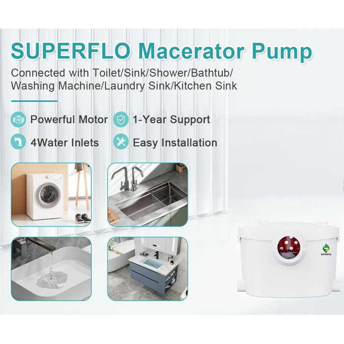 SUPERFLO Upflush Toilet System with Powerful 600W Macerator Pump, Macerating Toilet for Basement ...